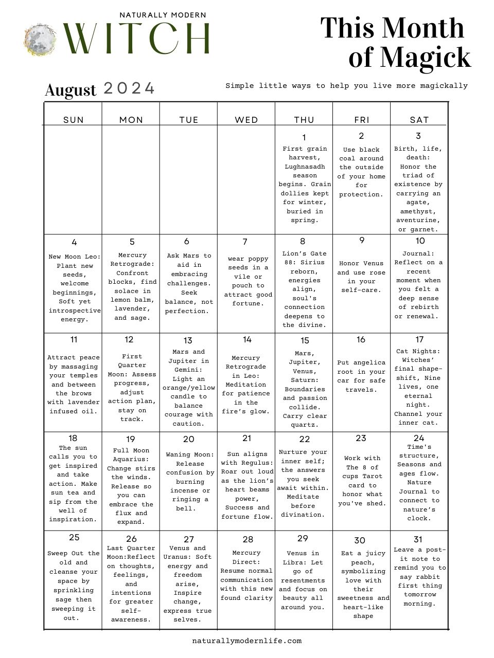 Naturally Modern Witches’ Calendar | August 2024 - Naturally Modern Witch