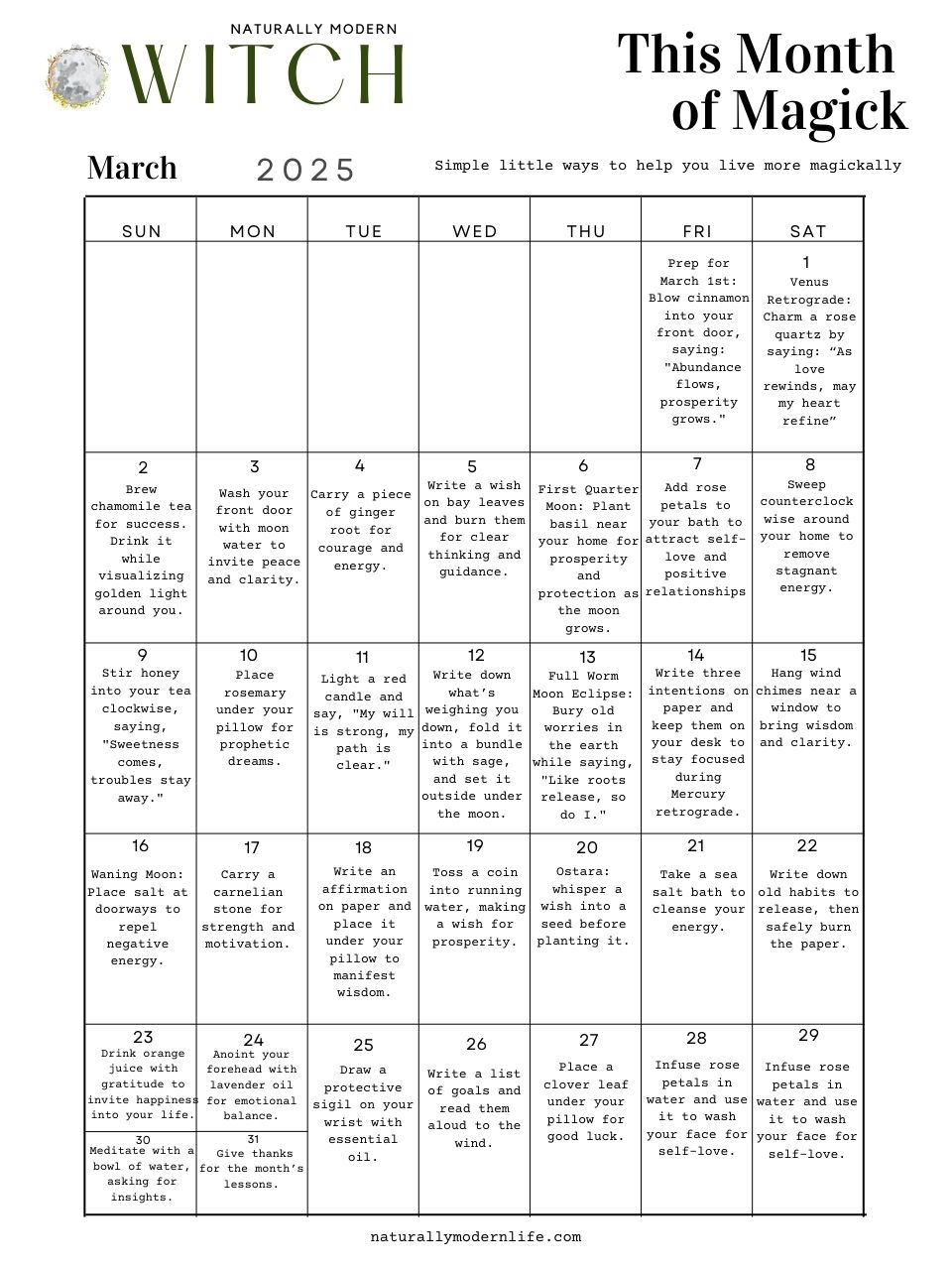 Naturally Modern Witches’ Calendar | March 2025 - Naturally Modern Witch